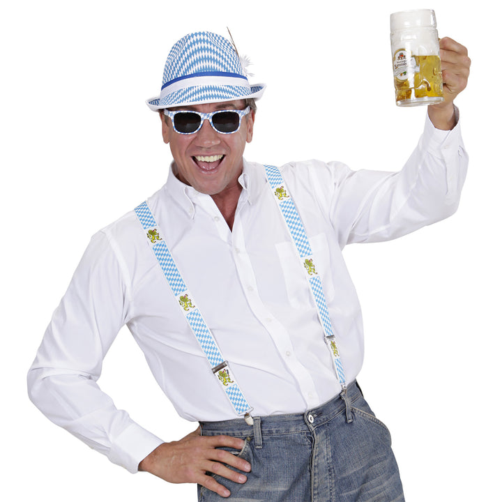 Oktoberfest gleufhoed | Blauw wit met veeraccessoire